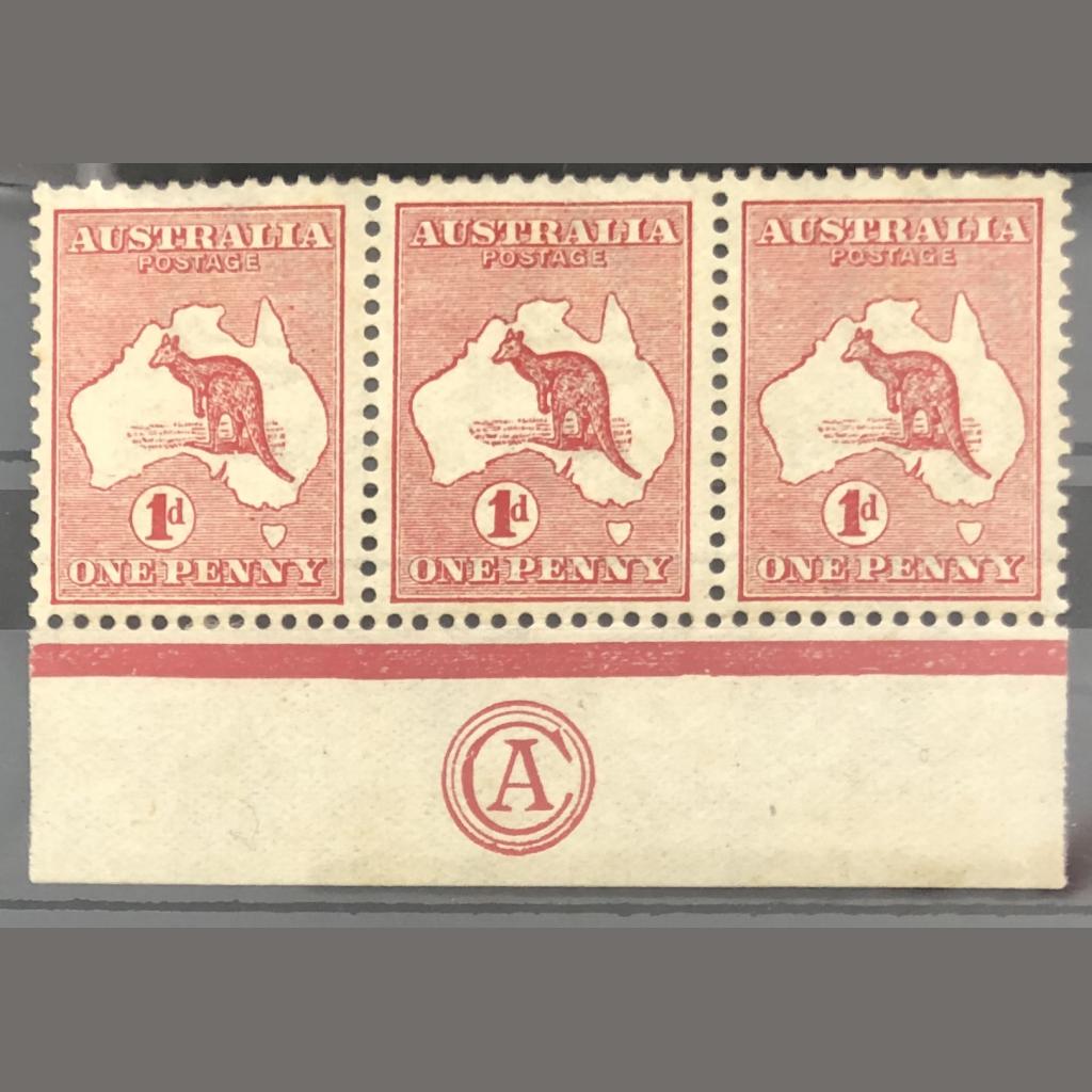 1d Die 1 Kangaroo Marginal Strip of 3 with ‘CA’ Monogram below Central ...