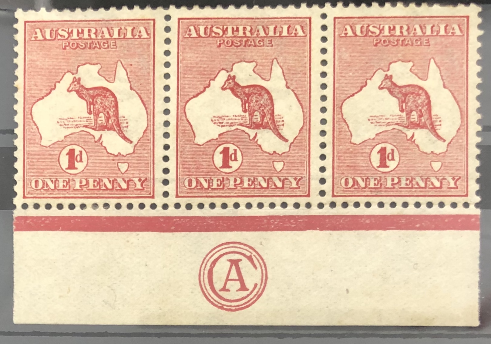 1d Die 1 Kangaroo Marginal Strip of 3 with ‘CA’ Monogram below Central ...