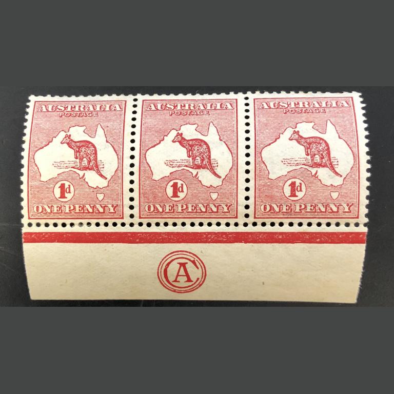 1d Die 1 Kangaroo Marginal Strip of 3 with ‘CA’ Monogram below Central ...